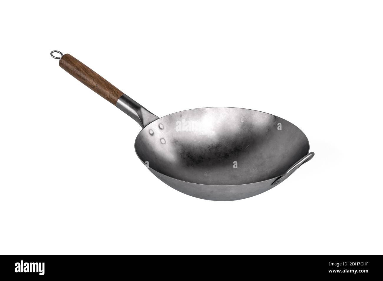 Chinese food frying pan - wok pan with wooden handle isolated on white ...