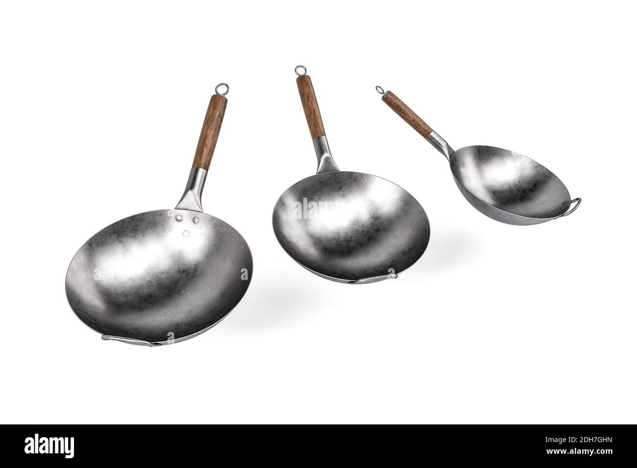 Chinese food frying pan - set of three wok pans with wooden handle ...