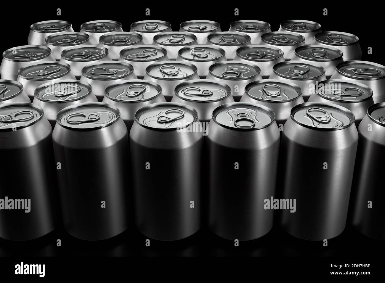 Group of silver recyclable aluminum cans from above closeup full frame ...