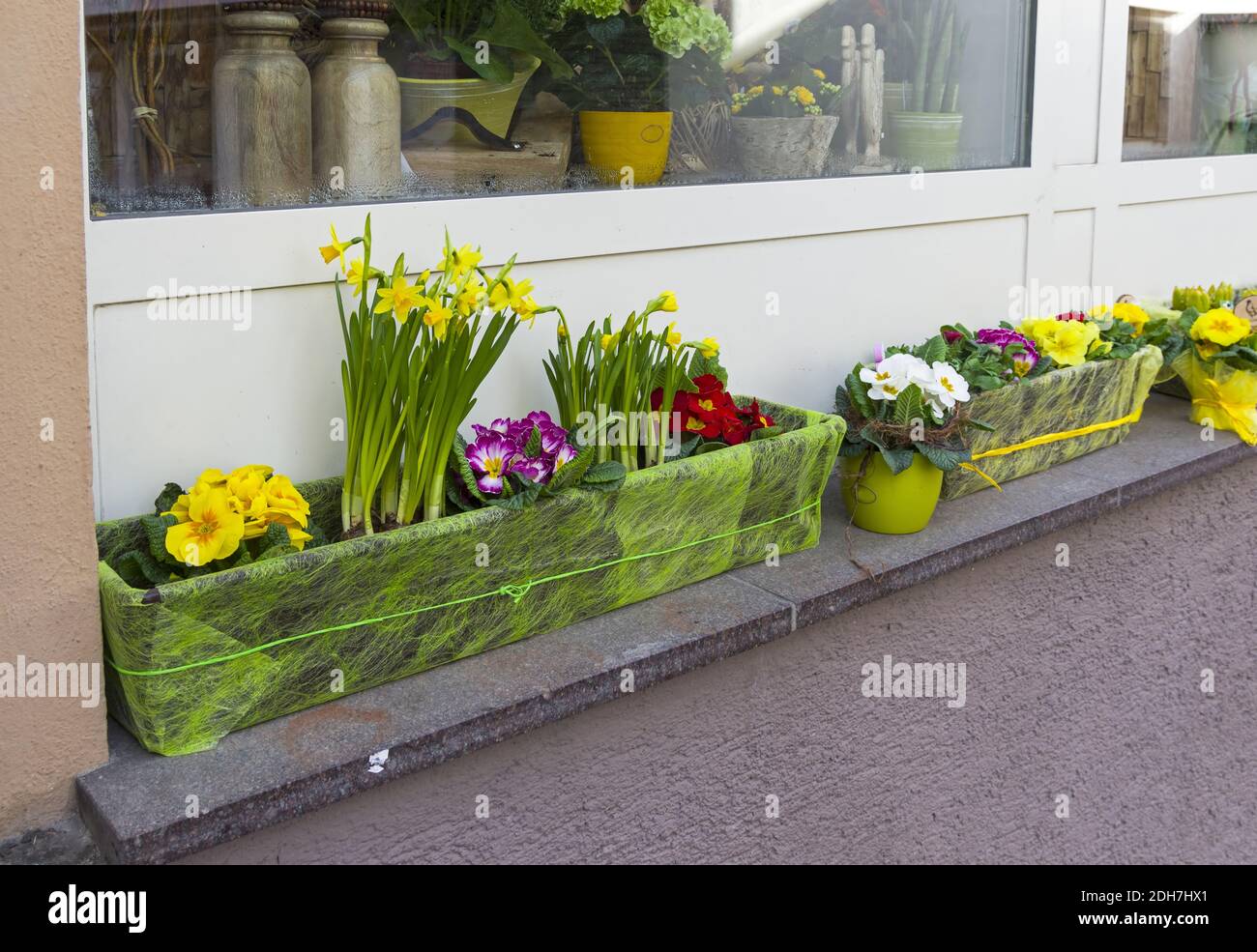 Pots and boxes with flowers on the street Stock Photo - Alamy