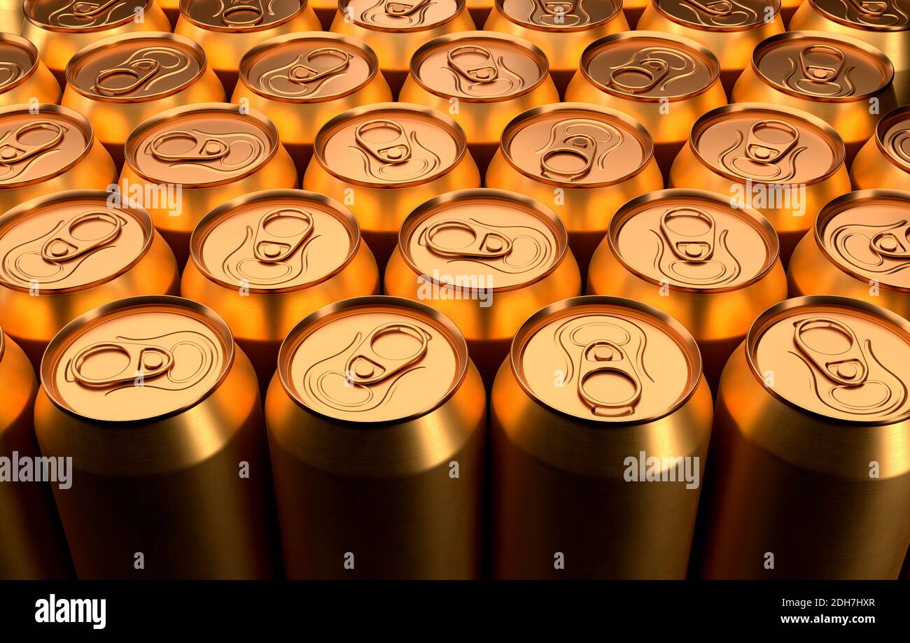 Group of gold premium aluminum energy drink cans from above close up ...