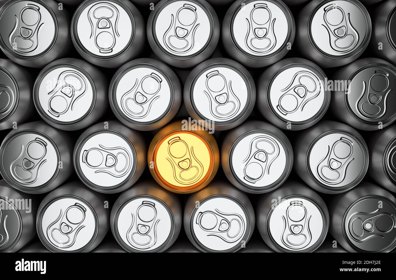 Unique golden can among group of silver recyclable cans cans. View from ...