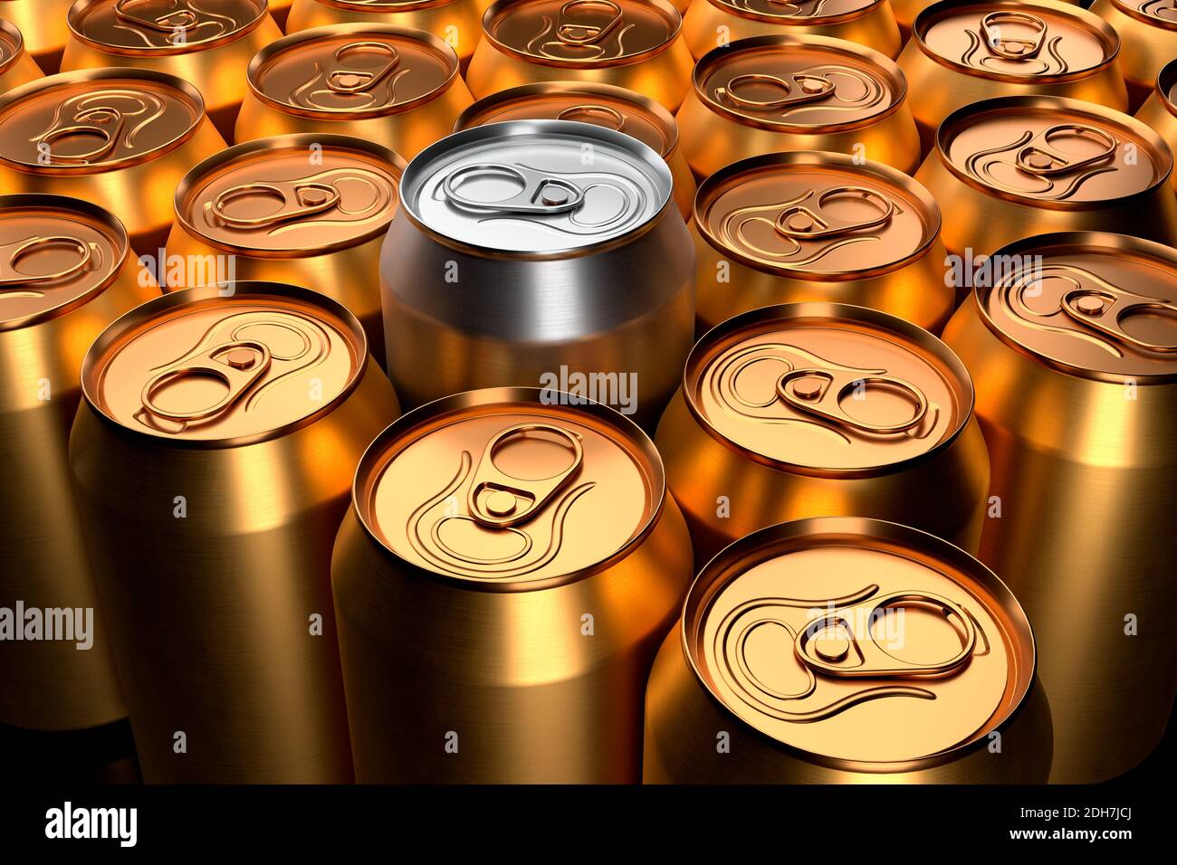 Unique silver can among group of golden recyclable cans cans. View from ...