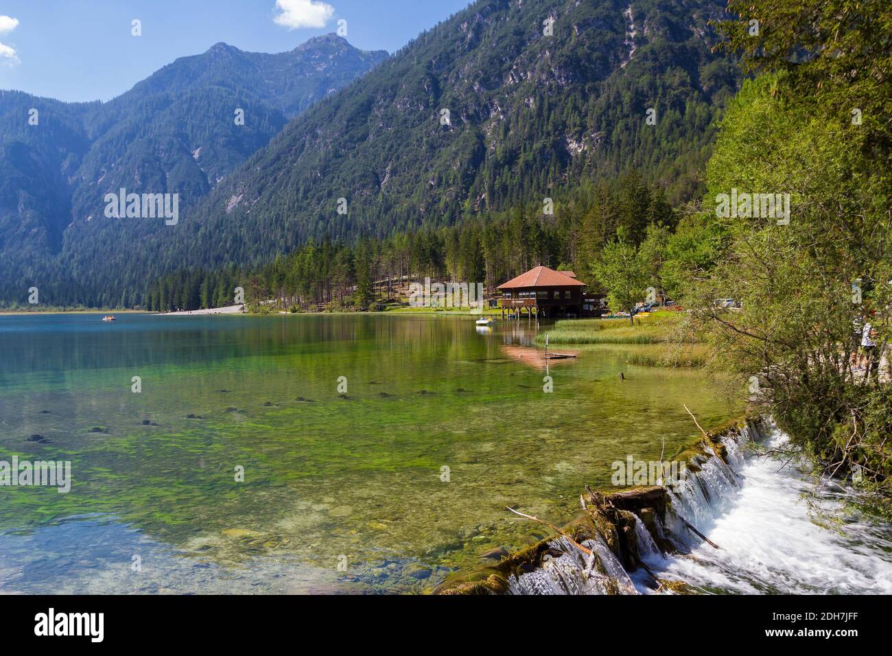 View of Dobbiaco lake in the Dolomites mountains Stock Photo - Alamy