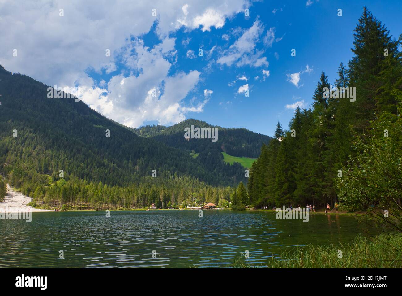 View of Dobbiaco lake in the Dolomites mountains Stock Photo - Alamy