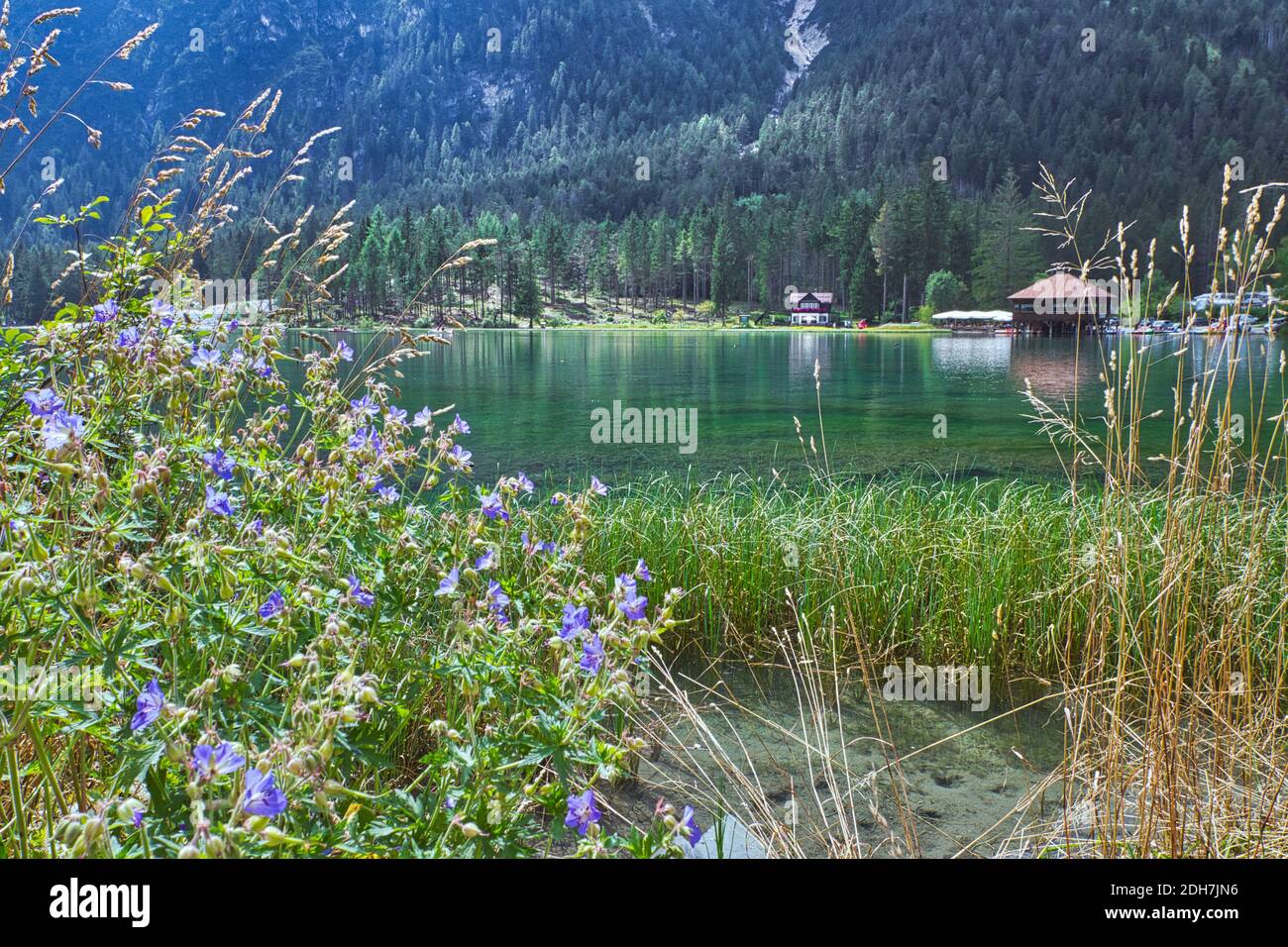 View of Dobbiaco lake in the Dolomites mountains Stock Photo - Alamy