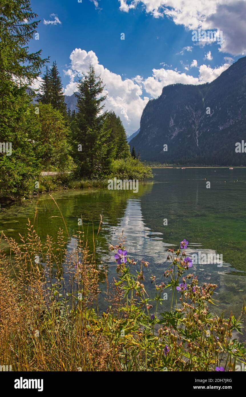 View of Dobbiaco lake in the Dolomites mountains Stock Photo - Alamy