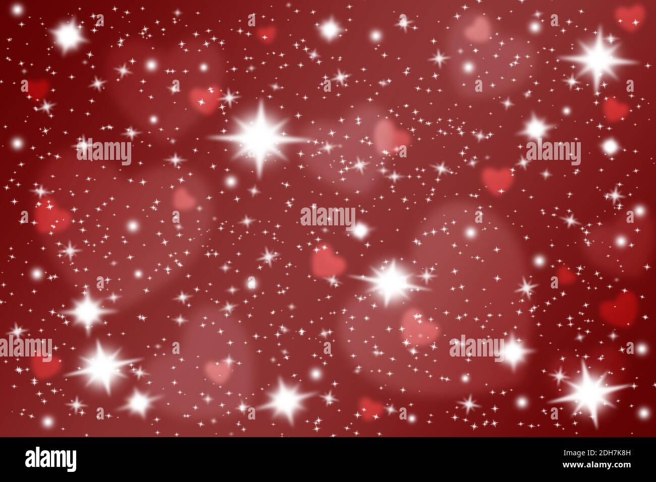 Abstract red blurred background with bright hearts, sparkling bokeh. Valentine's day wallpaper ...