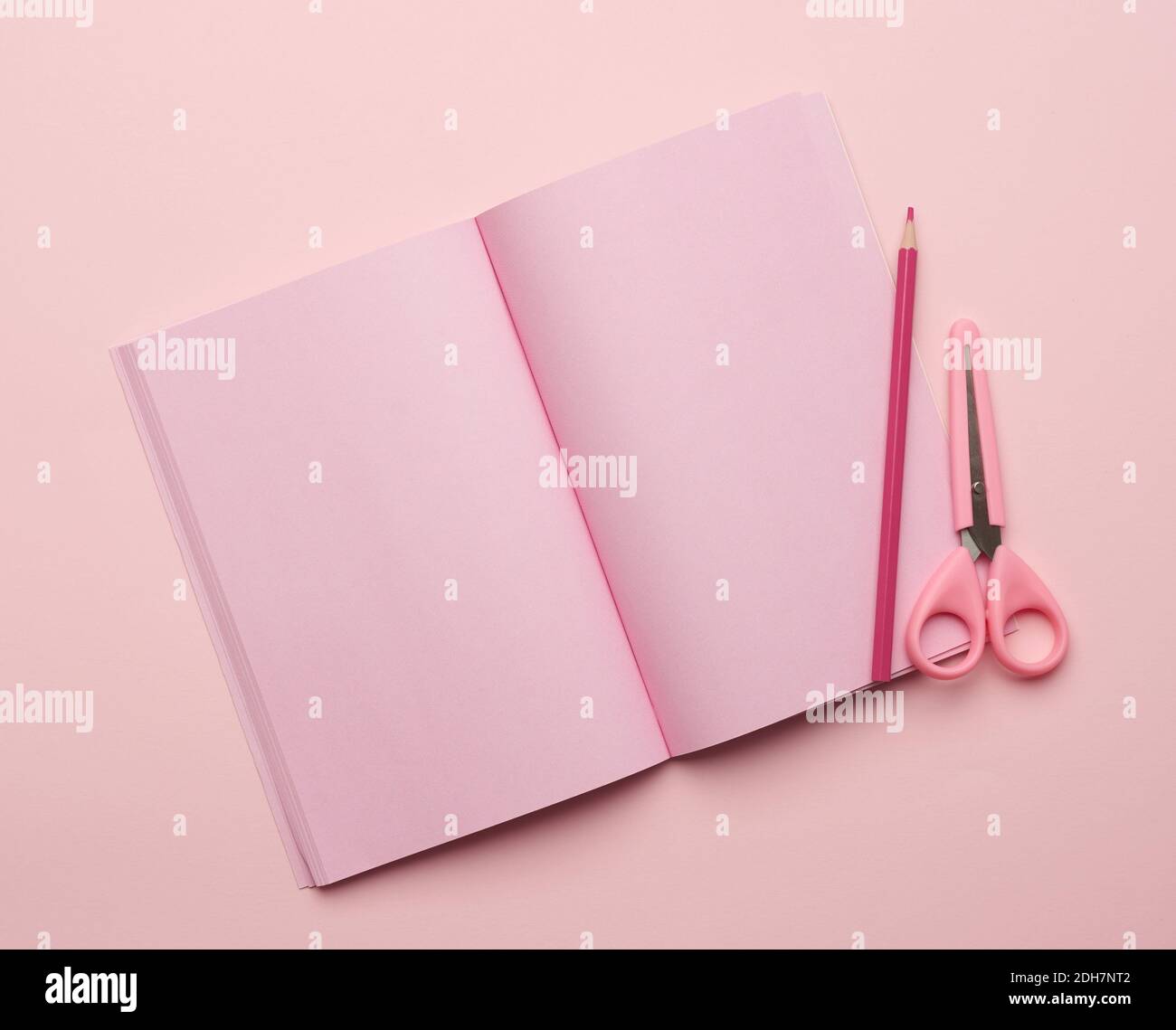 Open notebook with blank pink pages on a pink background Stock Photo ...