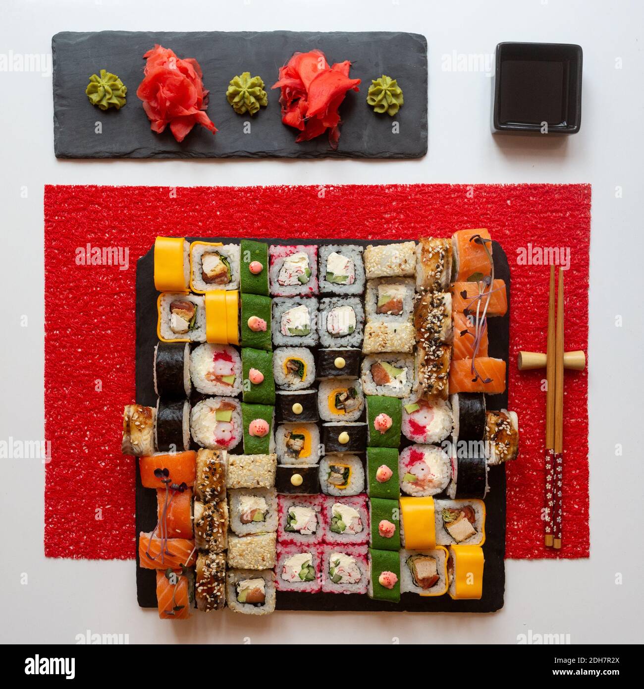 Set of sushi from many types of roles and with different stuffing ...