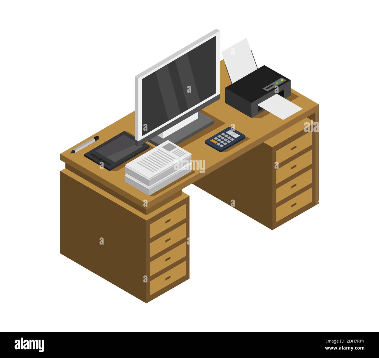Isometric Office Desk On Background Vector Graphic Illustration Stock ...