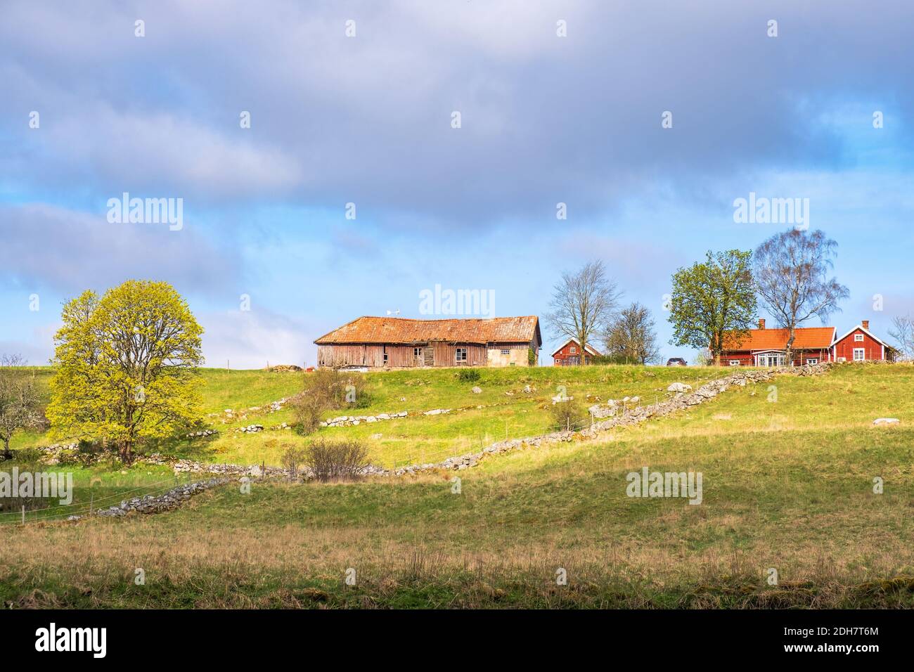 Farm on a hill with an old barn in the spring Stock Photo - Alamy