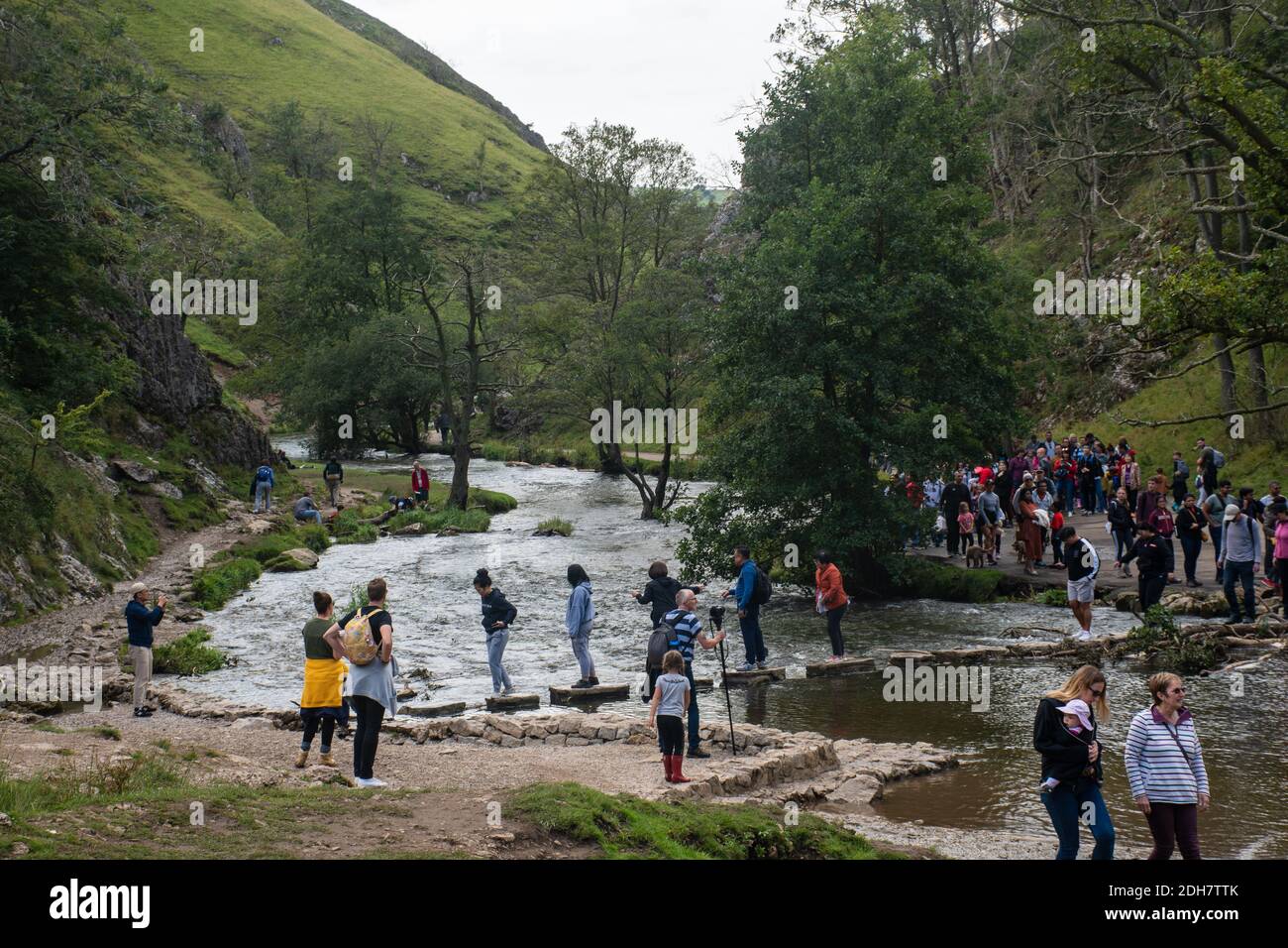 Dove Dale Derbyshire UK 30 August 2020: Crowds crossing the famous ...