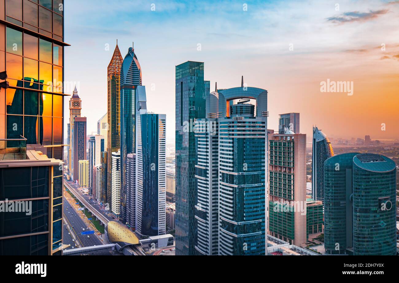 View on Dubai Marina, camels and famous Jumeirah beach in Dubai, United ...