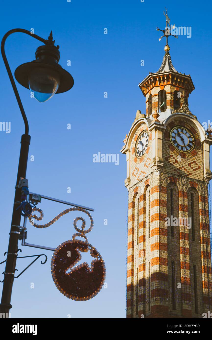 Epsom clock tower at Christmas in Epsom, Surrey, UK, December 2020 ...