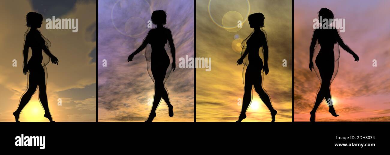Conceptual fat overweight obese female vs slim fit healthy body after ...