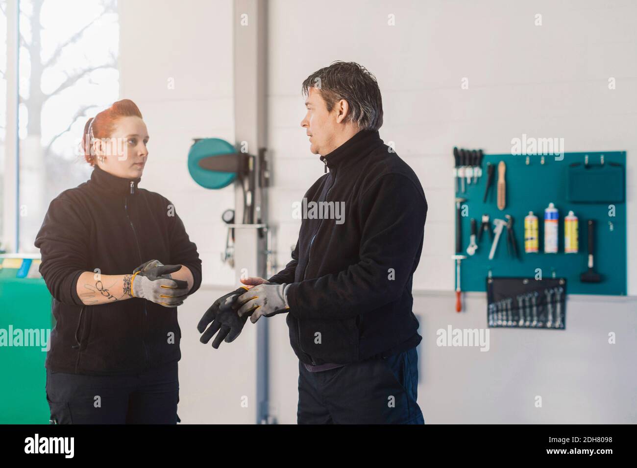 Male and female mechanics wearing gloves in auto repair shop Stock ...