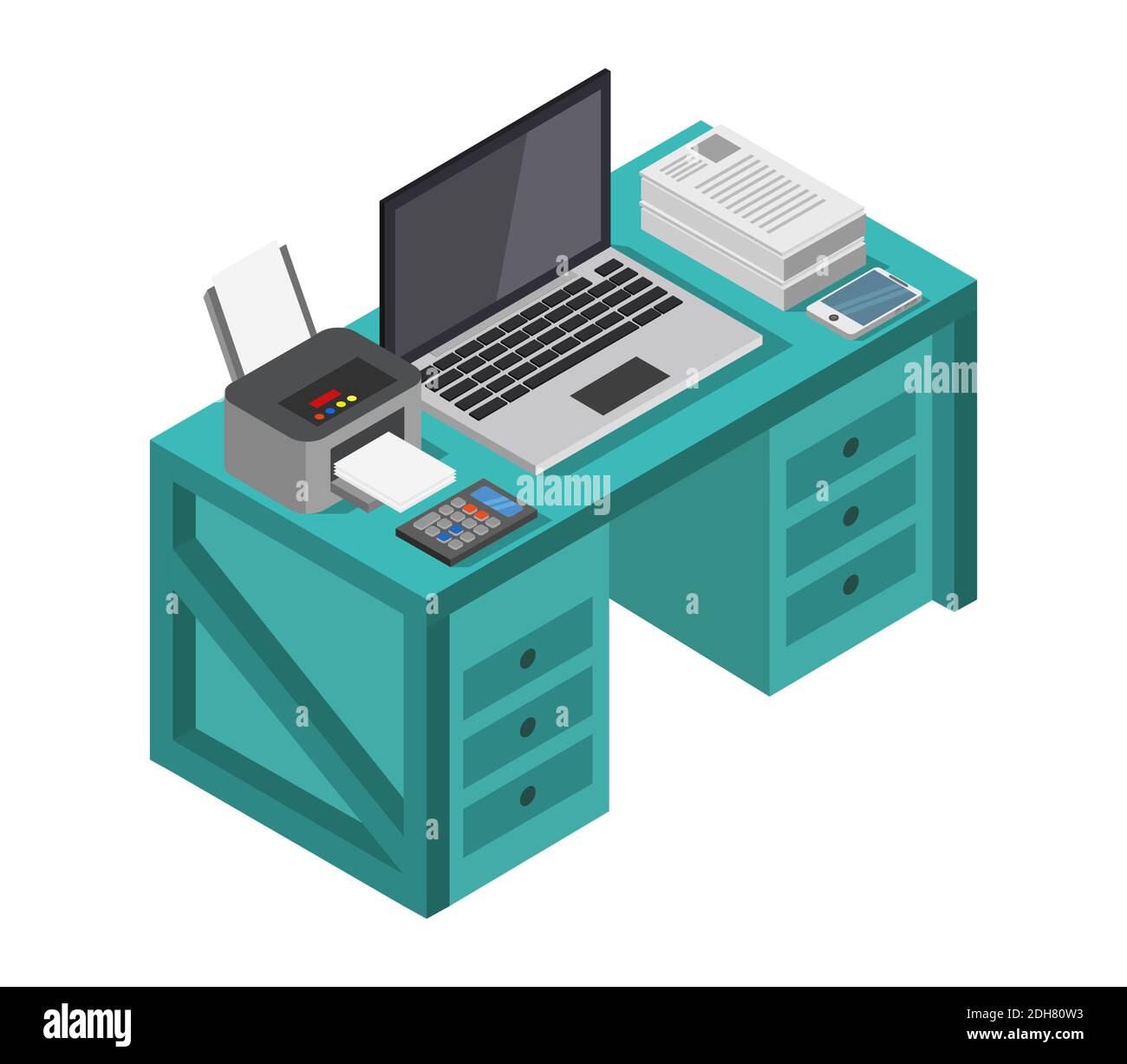 Isometric Office Desk Vector Graphic Illustration Stock Vector Image ...