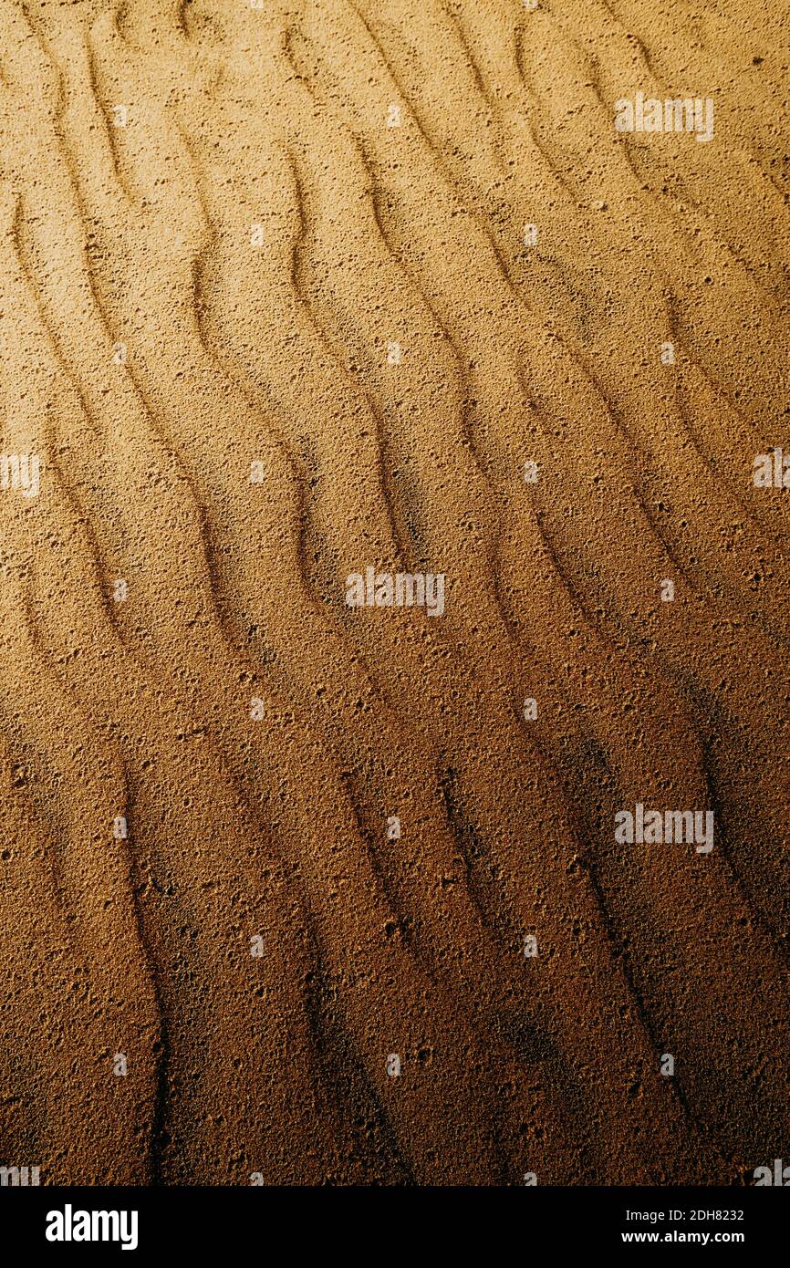 A vertical shot of the sand on the beach. Wavelike shape on the sand ...