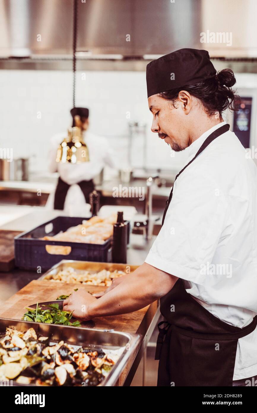 Side view of male chef cutting leafy vegetables at commercial kitchen ...