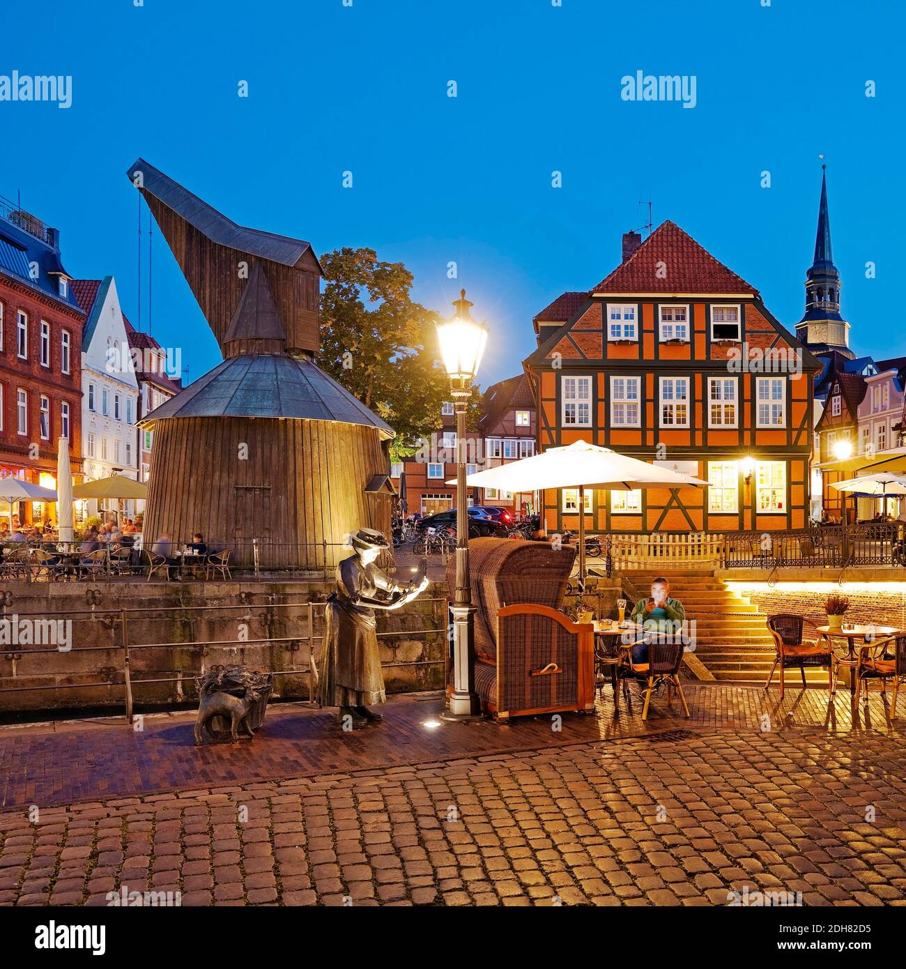 port of Stade with wooden pedal crane from 1661, Germany, Lower Saxony ...