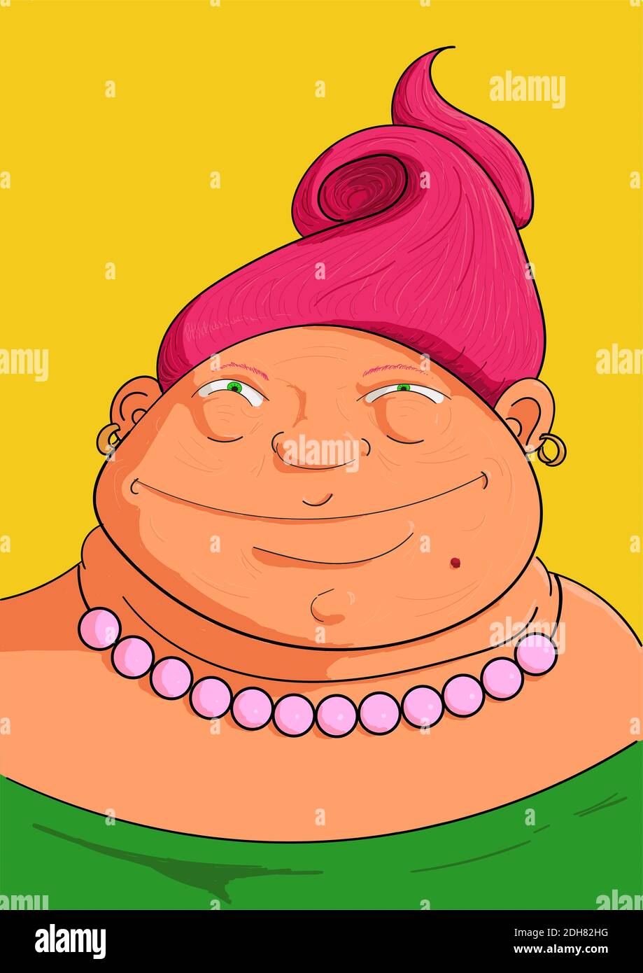 Funny cartoon style illustration of an old lady with pink funky hair ...
