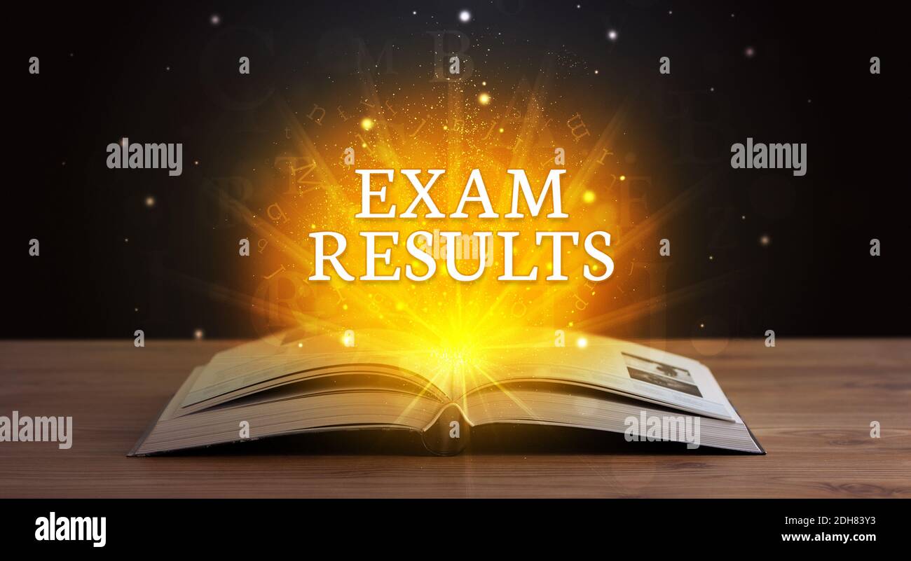 EXAM RESULTS inscription coming out from an open book, educational ...