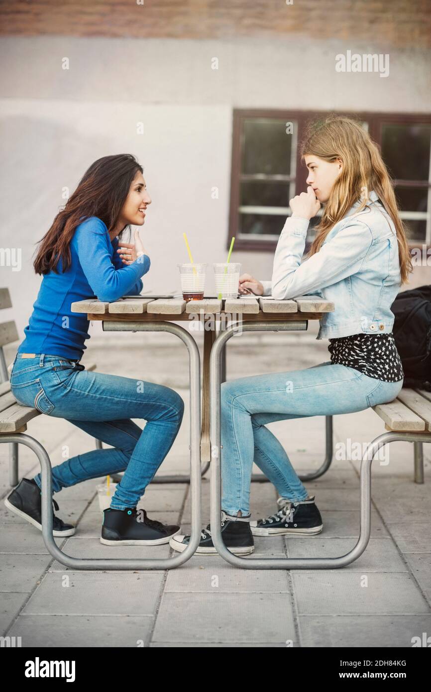 Side view of female teenagers talking at table outdoors Stock Photo - Alamy