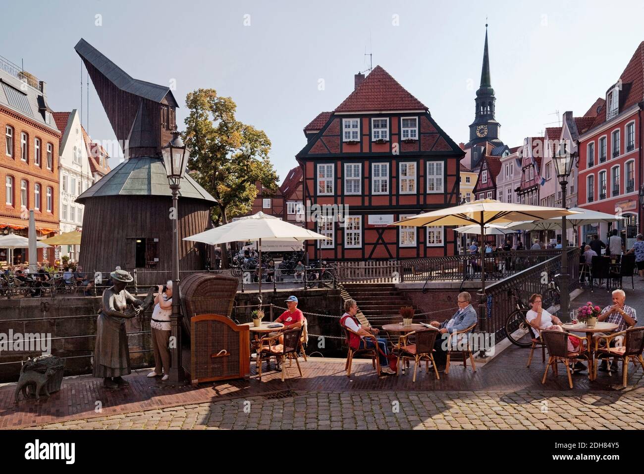 port of Stade with wooden pedal crane from 1661, Germany, Lower Saxony ...