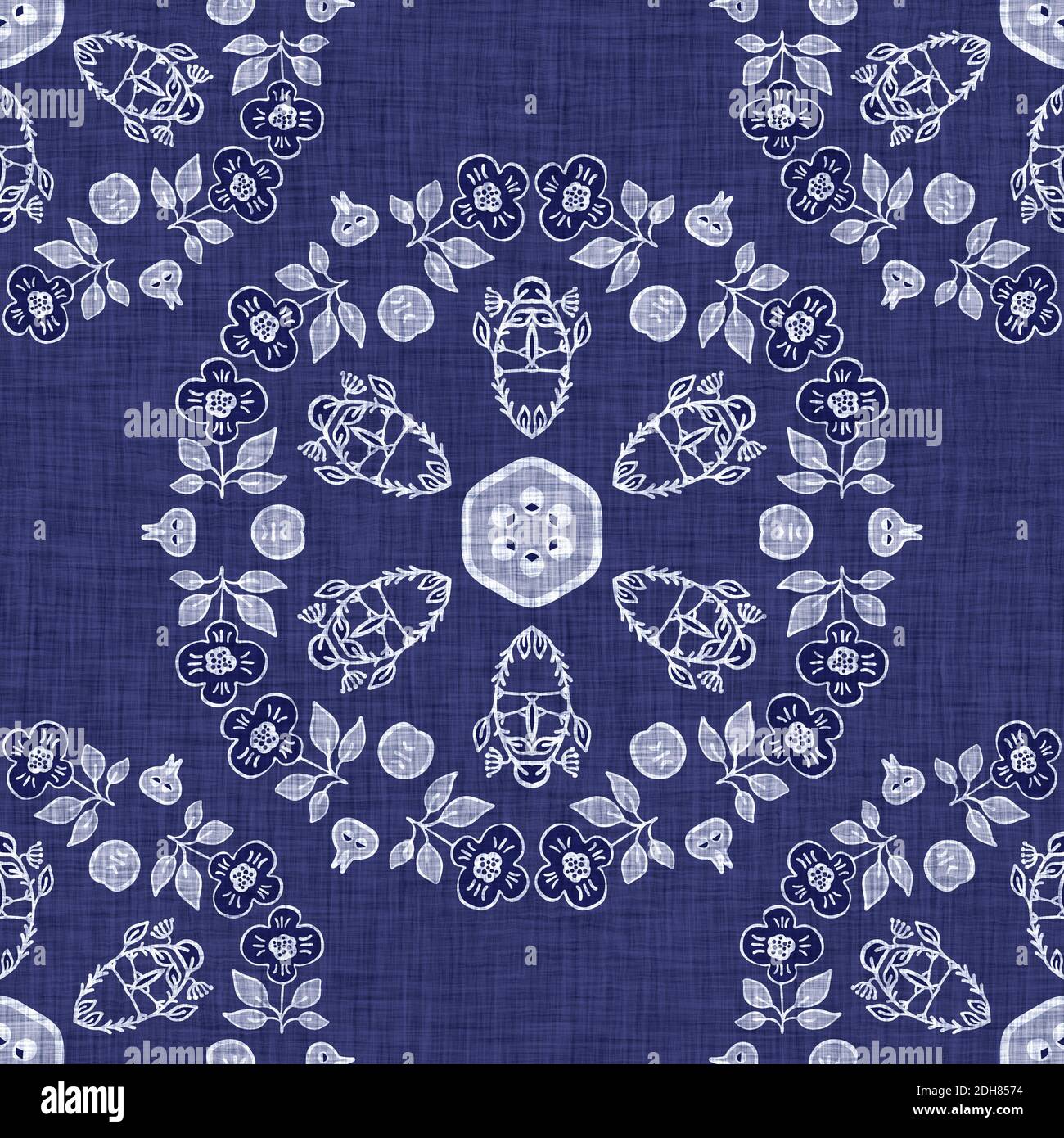 Indigo blue flower block print dyed linen texture background. Seamless ...