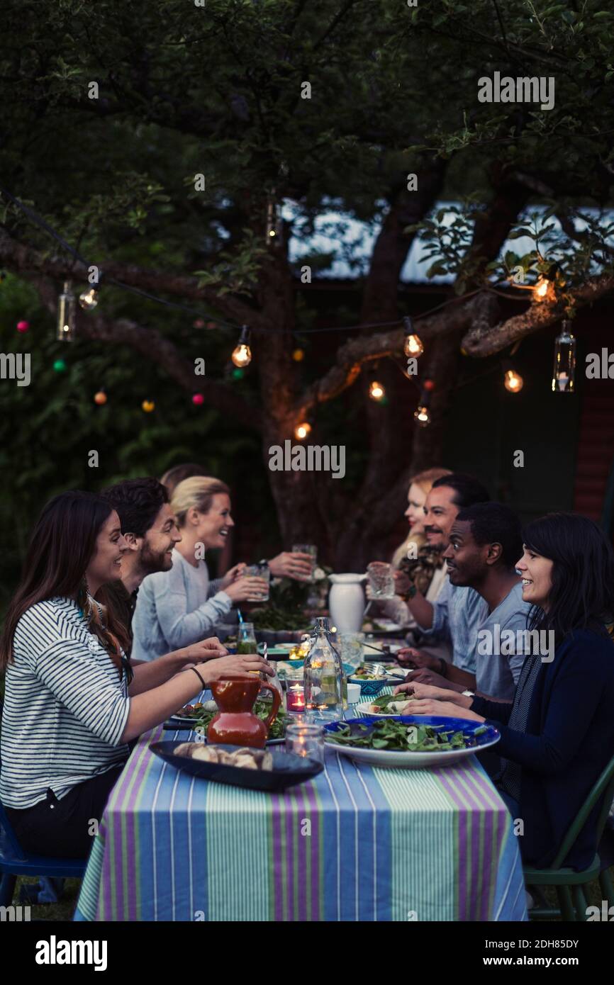 Side view of happy friends having dinner at table in yard Stock Photo ...