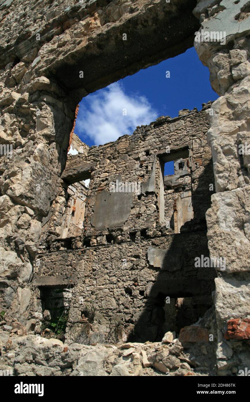 Damaged and ruined building after Bosnian War, Mostar, Bosnia and ...