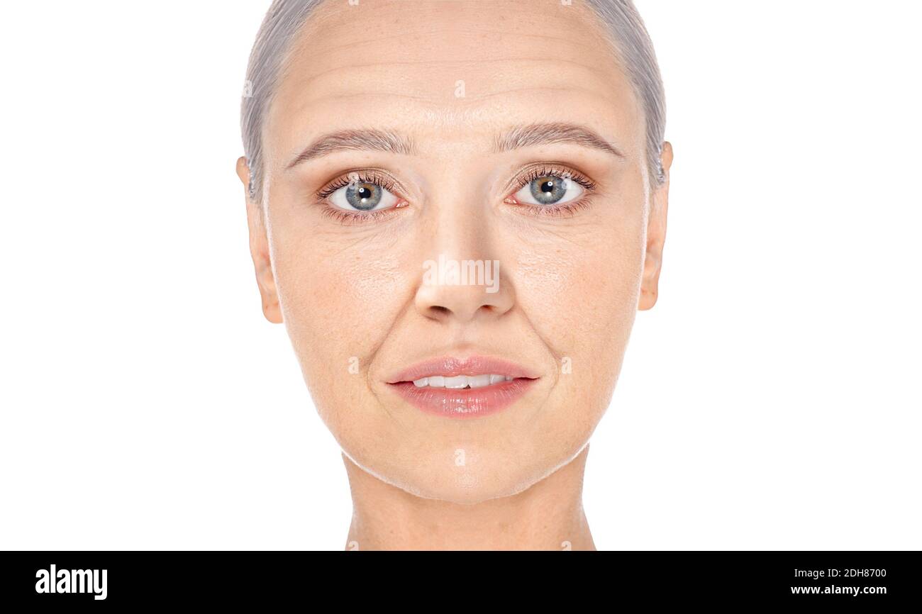 Portrait of old woman with wrinkles on her face and sagging skin. Aging ...