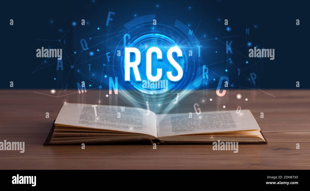 RCS inscription coming out from an open book, digital technology ...