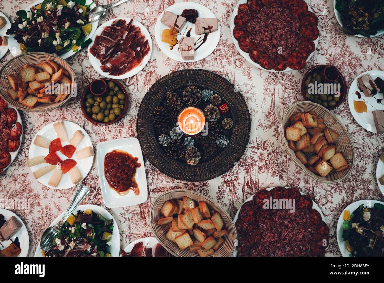 A top view of a delicious dinner table with a variety of appetizers ...