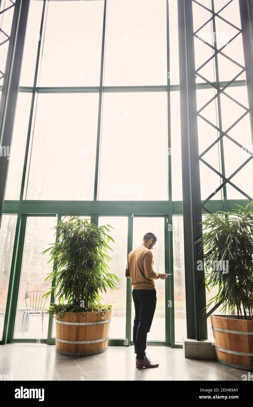 Rear view of businessman using digital table while standing against ...