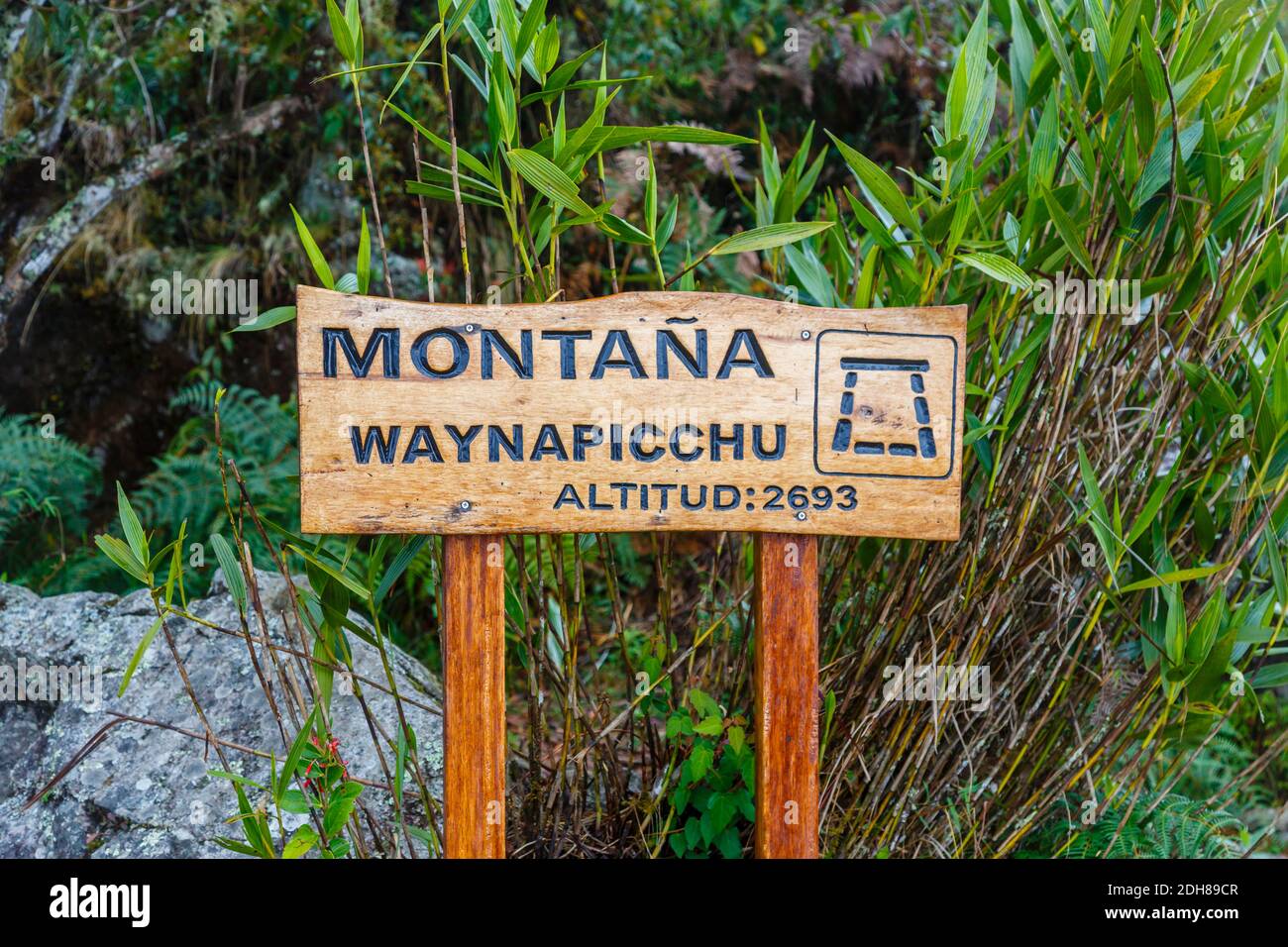 Wooden sign with the altitude of 2693 metres near the summit ascending ...