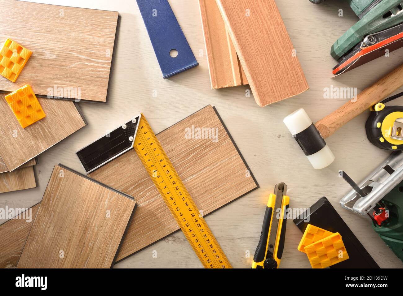 Parquet slats and tools for DIY at home. Top view. Horizontal ...