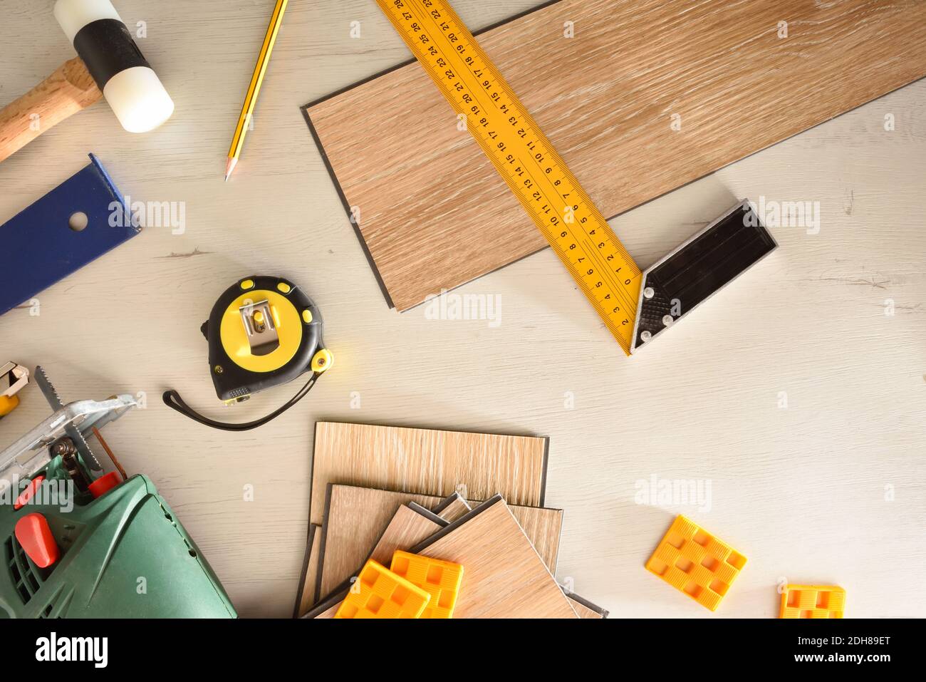 Parquet slats and tools for DIY at home on wood table top. Top view ...