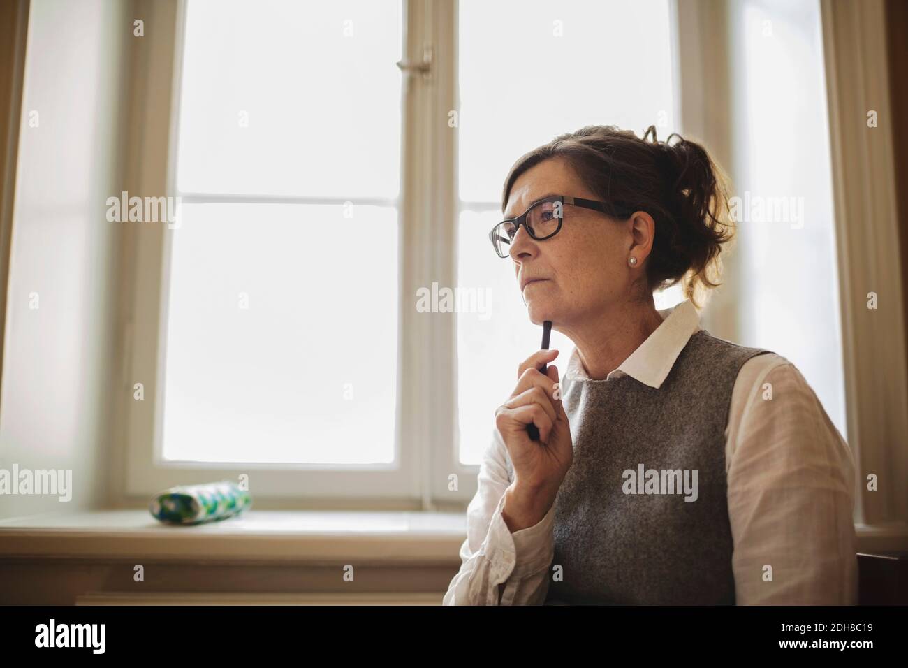 Thoughtful female lawyer against window in library Stock Photo - Alamy
