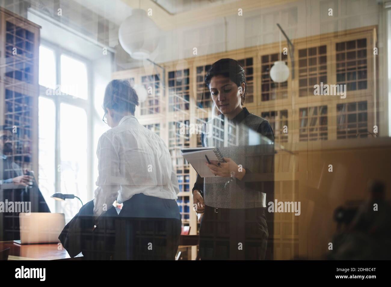 Female professional reading from spiral notebook seen through glass in ...