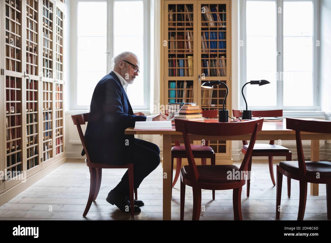 Side view of senior professional studying in law library Stock Photo ...