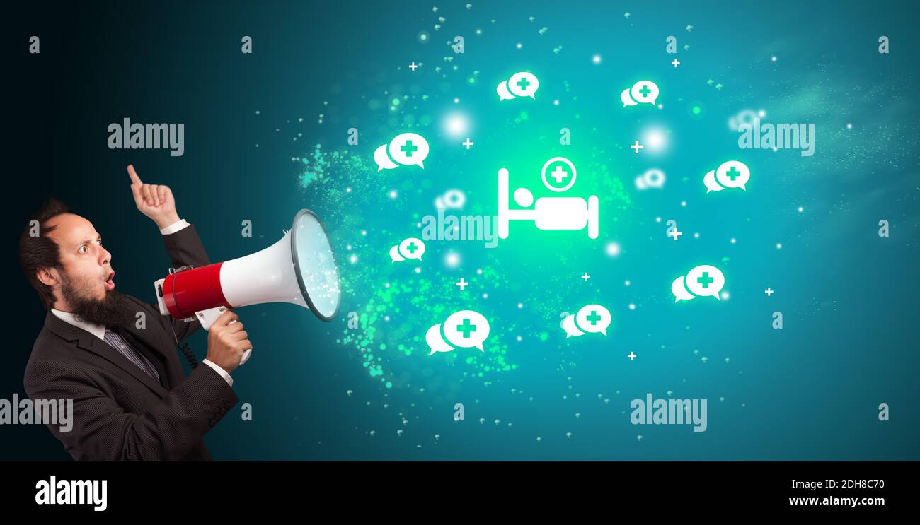 Young person shouting in megaphone and lying patient icon, medical ...