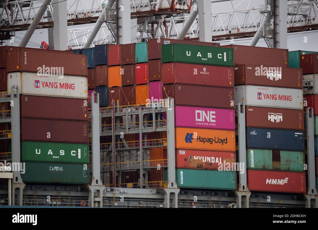 General view of containers on board the container ship MOL Treasure ...