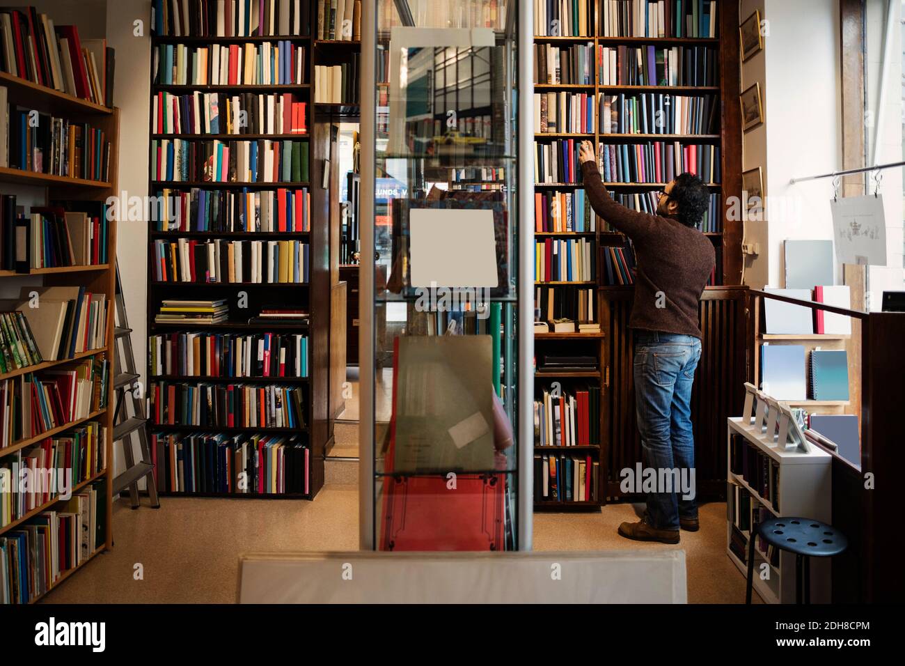Rear view of man searching book in antique library Stock Photo - Alamy