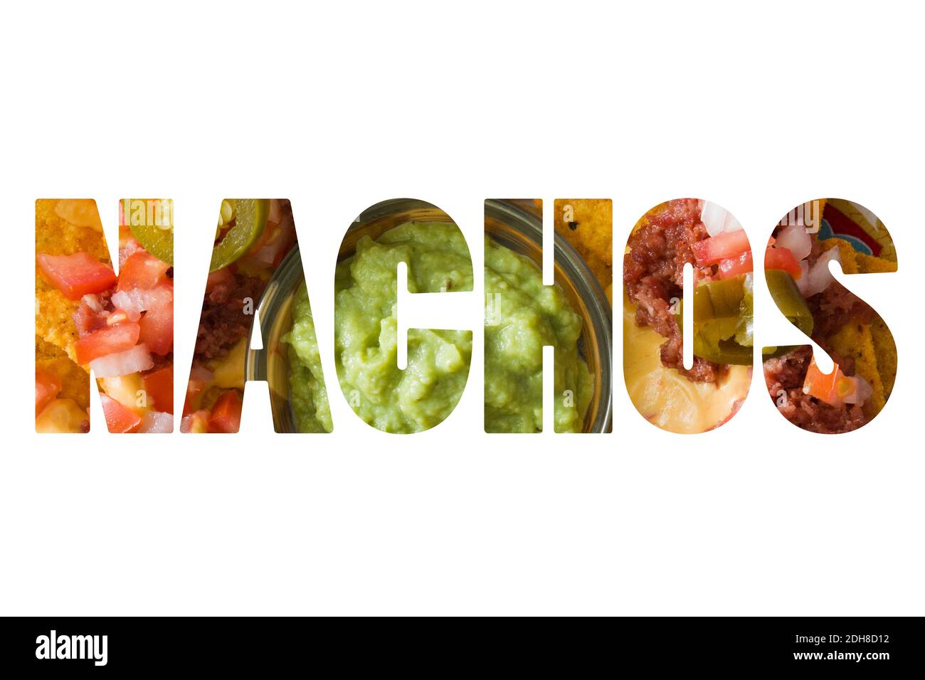 The word nachos composite with nachos photo inside, on white background ...