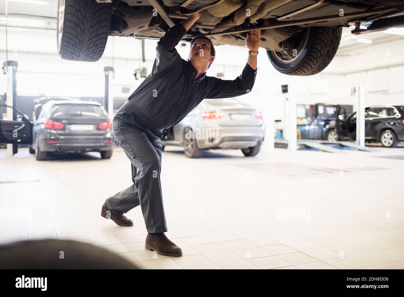 Young mechanic working under car in repair shop Stock Photo - Alamy