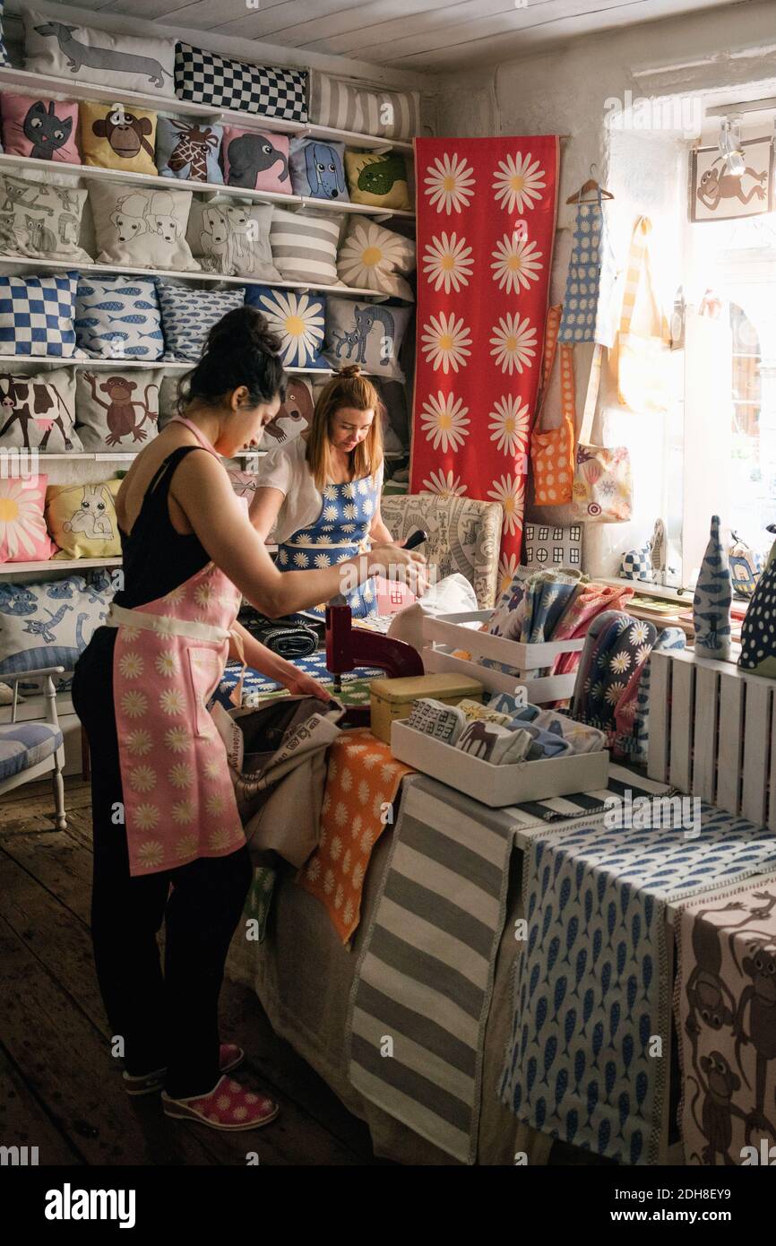 Female owners working on textile in shop Stock Photo - Alamy