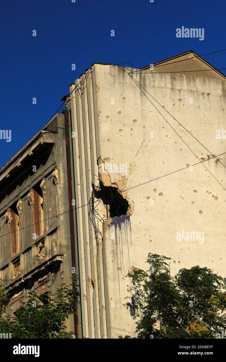 Damaged and ruined building after Bosnian War, Mostar, Bosnia and ...