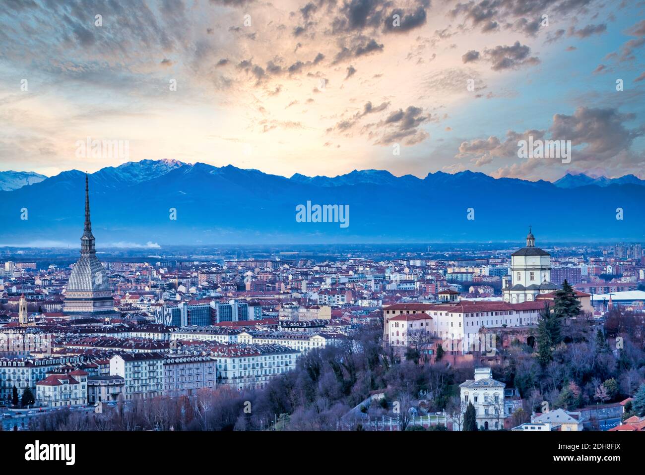 Turin panoramic skyline at sunset with Alps in background Stock Photo ...